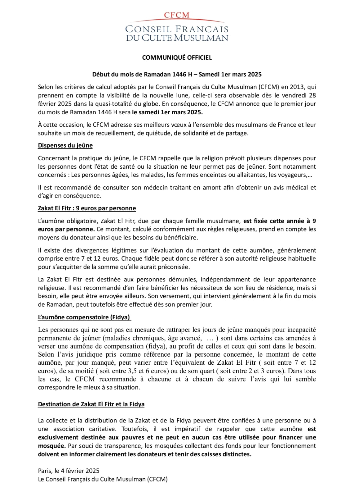 Actualité - Annonce début ramadan 2025 par le cfcm